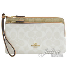 COACH C7313 印花LOGO皮革雙拉鍊零錢手拿包.卡其/白 現金價$2,980 茱麗葉精品