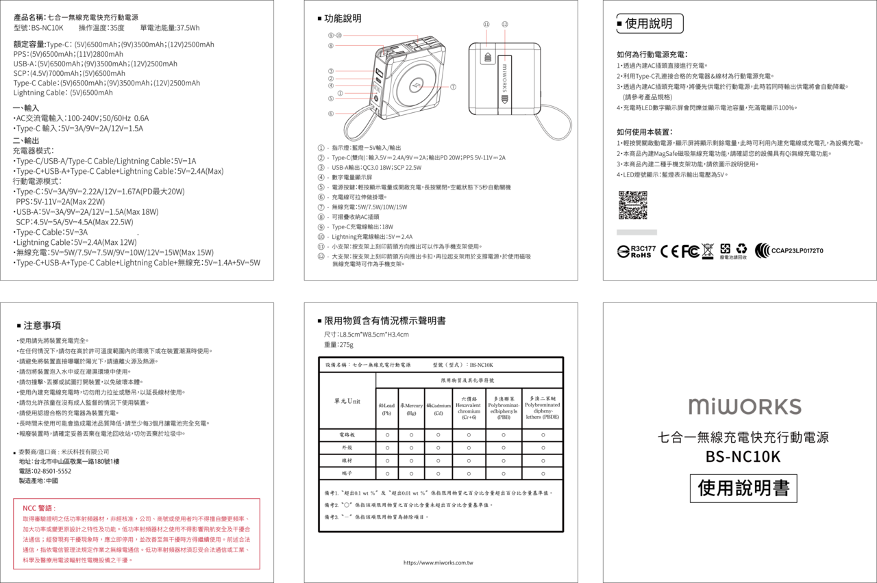 22.5W七合一快充磁吸行動電源_說明書 miworks